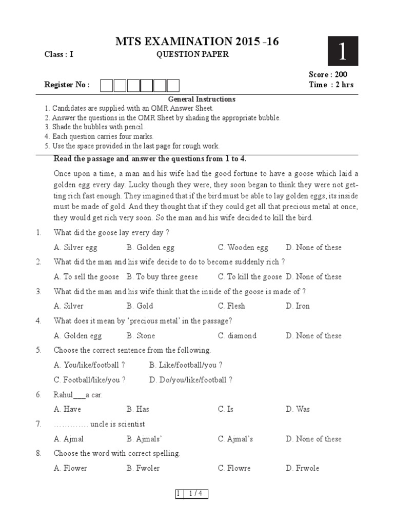 Mts Examination 2015 - 16: Class: I Question Paper Score: 200 Register ...