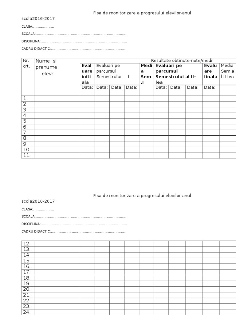 Fisa de Monitorizare a Progresului Elevilor