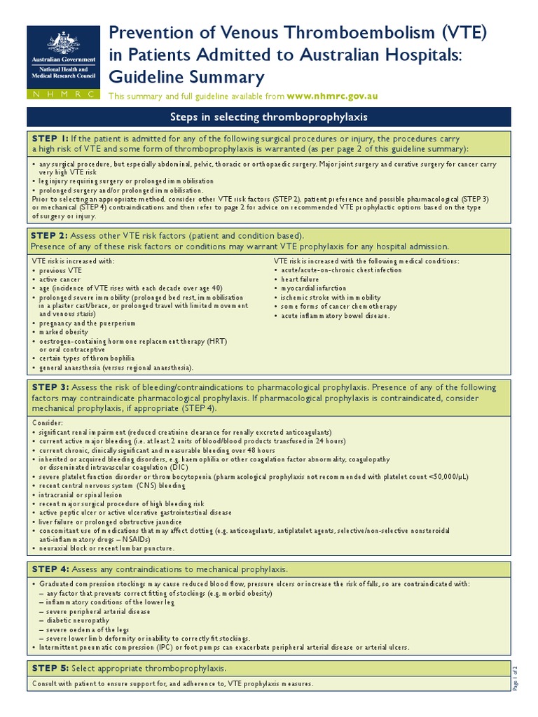 NHMRC VTE Prevention Guideline Summary For Clinicians | PDF | Bleeding ...