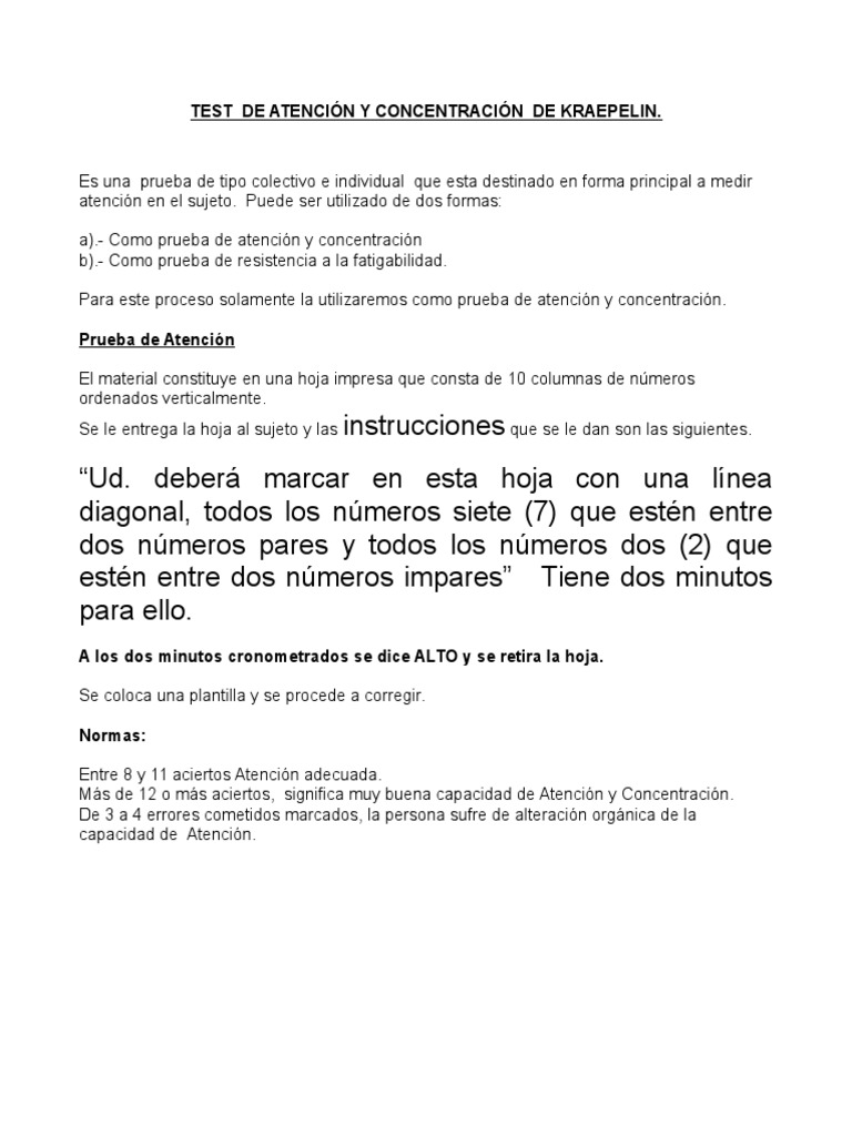 Test de Atención Kraepelin | PDF