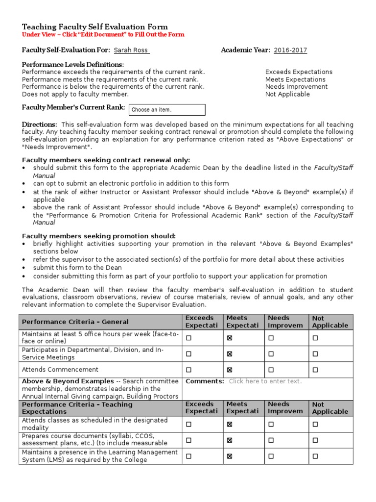 20162017teaching Faculty Self Evaluation Form | PDF | Educational Assessment | Committee