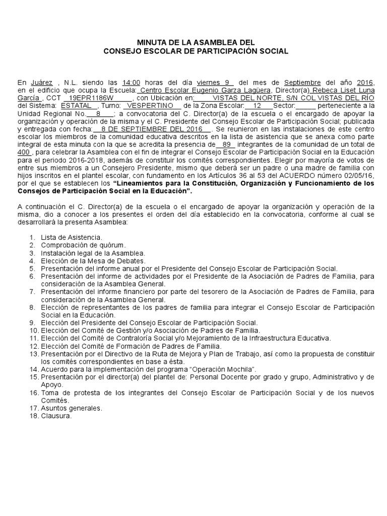 1.2 Minuta de Asamblea Consejo Escolar | PDF | Gobierno | Jefes de estado