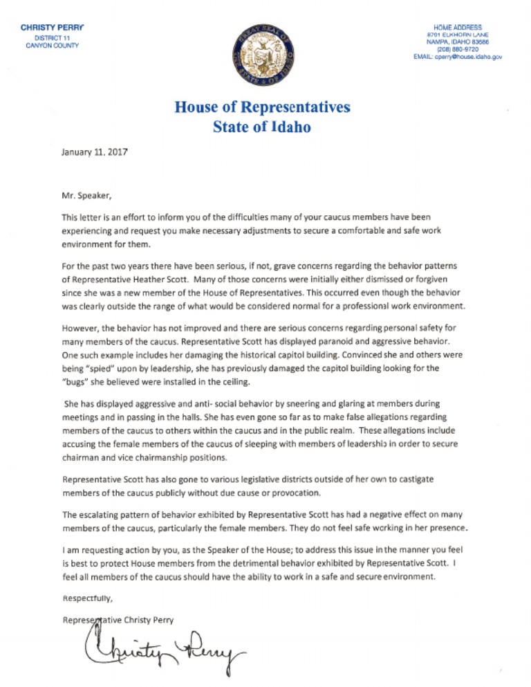 Rep. Christy Perry's letter to the Speaker of the House regarding ...