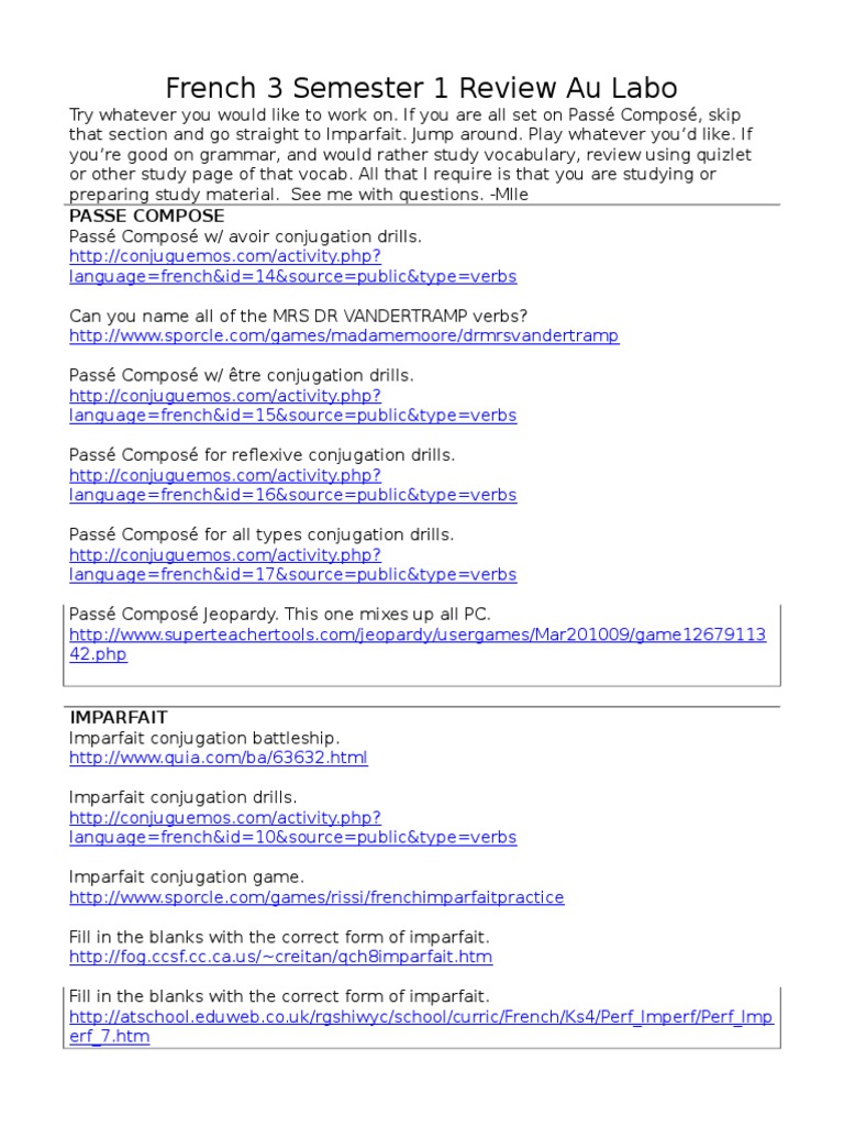 French 3 Semester 1 Review Au Labo | PDF | Languages | Language Arts ...