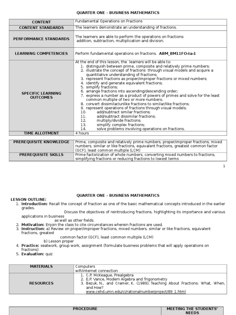 01 Teaching Guide - Business Math - Fractions (ABM - BM11FO-Ia-1) - TE ...