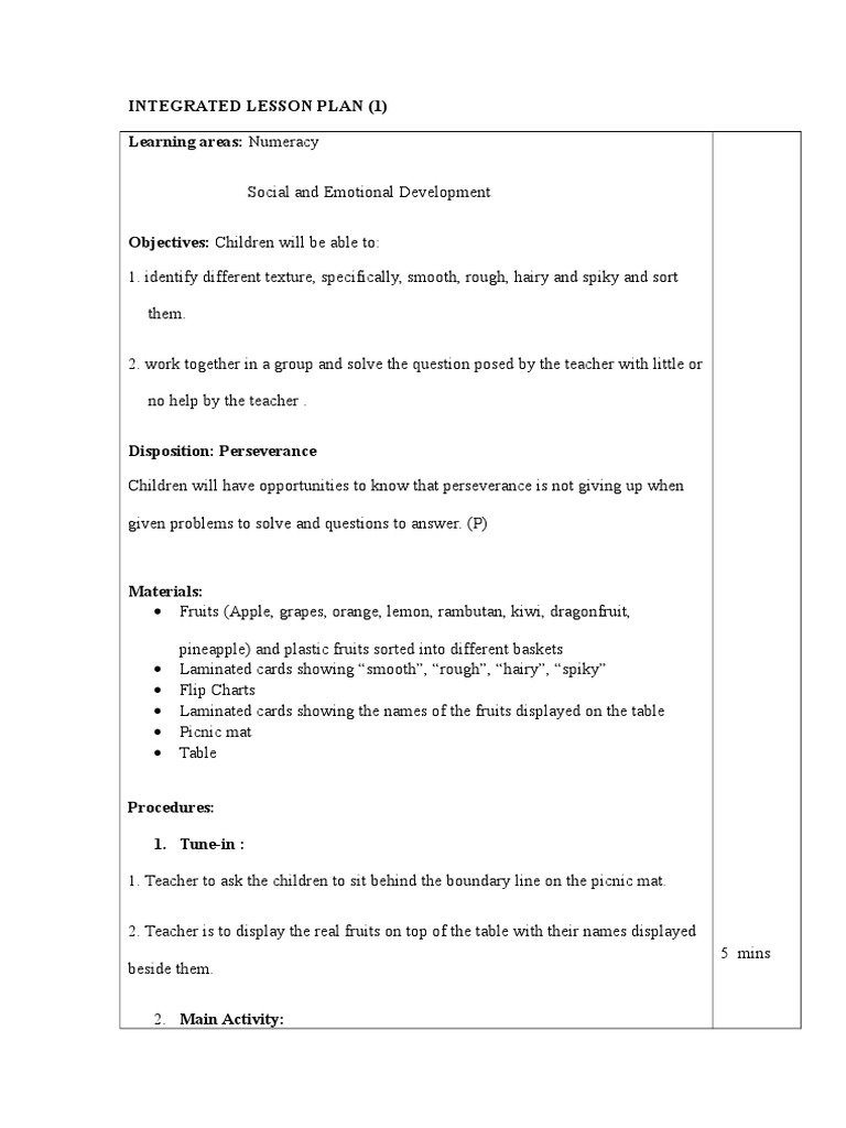 Integrated Lesson Plan (1) Learning Areas: Numeracy | PDF ...