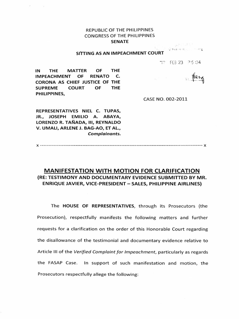 Manifestation With Motion For Clarification PAL | PDF