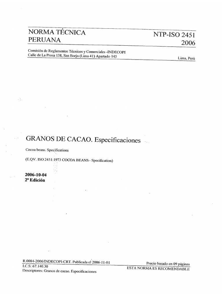 NTP ISO 2451 2006. Granos de Cacao. Requisitos | PDF