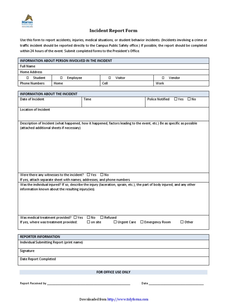 Incident Report Form: Information About Person Involved in The Incident ...