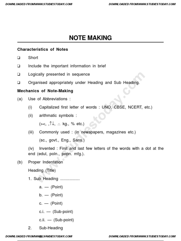 CBSE Class 12 English Note Making Guidelines | PDF