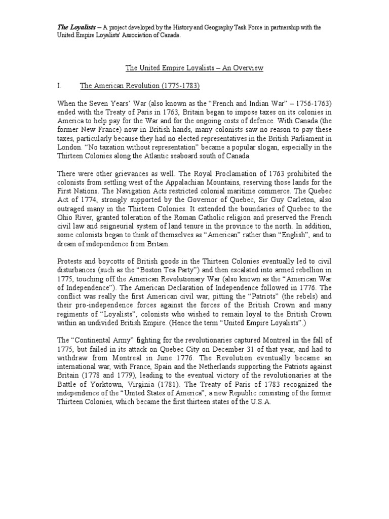 Loyalist Overview | PDF | Loyalist (American Revolution) | Thirteen ...