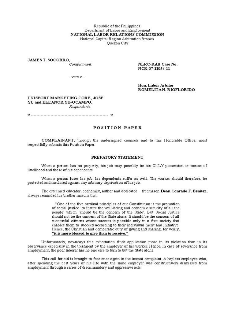 Final Position Paper Complainant | PDF | Employment | Justice