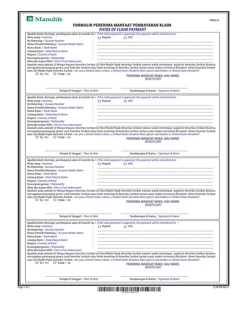 Formulir Penerima Manfaat Pembayaran Klaim (Form 6 C) | PDF