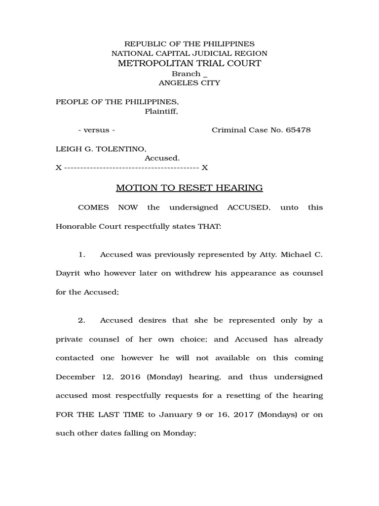 Motion to Reset sample