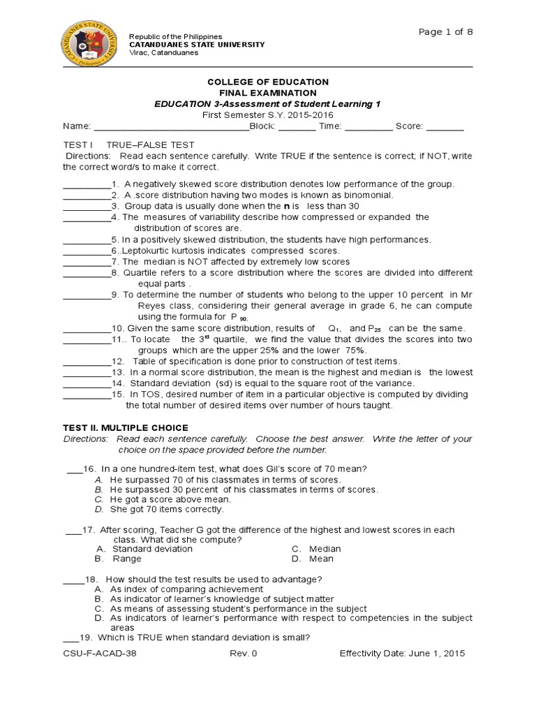 Final Exam Assessment 1 | PDF | Test (Assessment) | Standard Deviation
