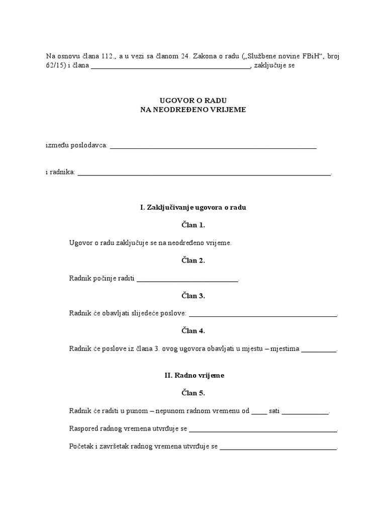 Ugovor o Radu Na Neodredjeno Vrijeme | PDF