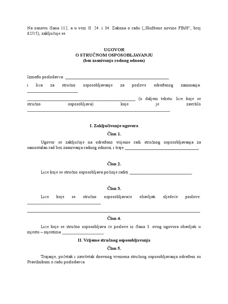 Ugovor - o - Strucnom Osposobljavanju (Bez Zasnivanja Radnog Odnosa)