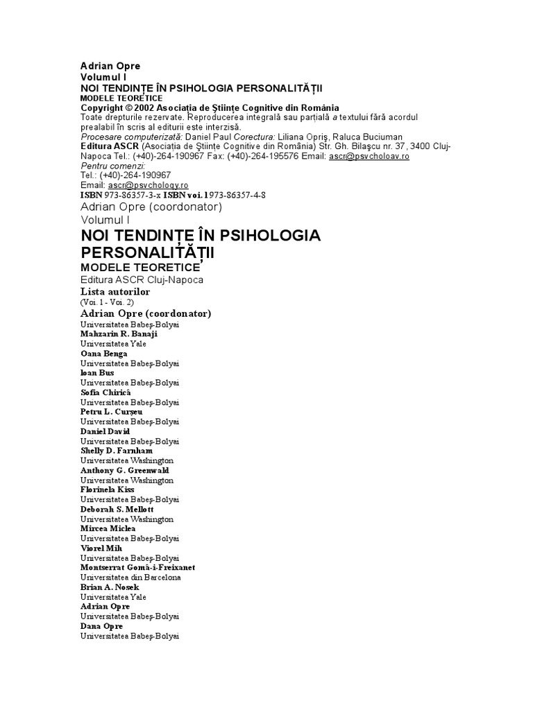 Adrian Opre Noi Tendinte in Psihologia Personalitatii PDF | PDF