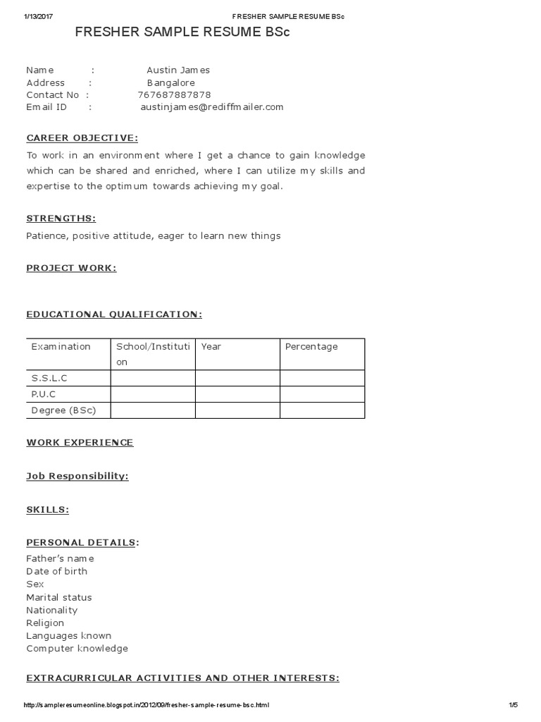 Fresher Sample Resume BSC | PDF | Engineering | Software