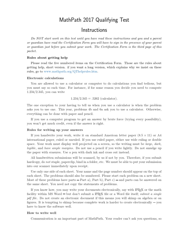 MathPath 2017 Qualifying Test Instructions | PDF | Fraction ...