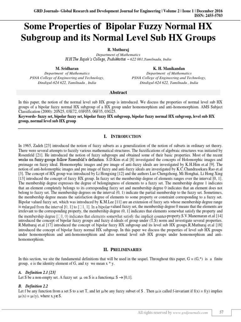 Some Properties of Bipolar Fuzzy Normal HX Subgroup and Its Normal Level Sub HX Groups | PDF ...