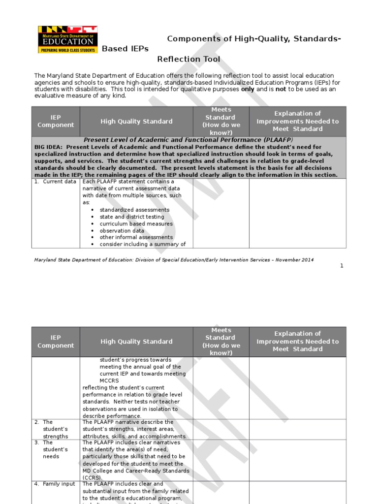 Iep Quality Tool | PDF | Individualized Education Program | Special ...