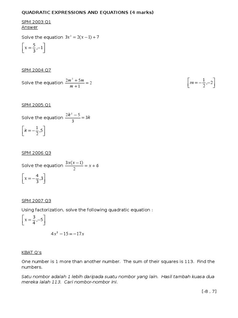 Koleksi Soalan Matematik K2 SPM 2003-2007 (Kuadratik & Bulatan) | PDF