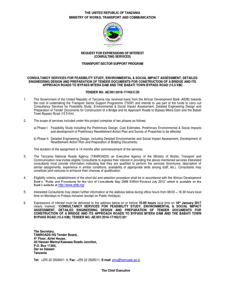 Tanzania - Transport Sector - Request For EOI - Mtera Dam Bypass | PDF ...