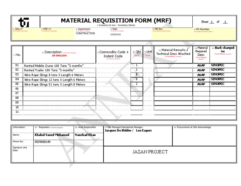 Material Requisition Form (MRF) : Description Commodity Code + Indent ...