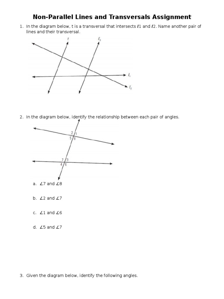 NonParallel Lines and Transversals Worksheet | PDF | Angle | Geometry