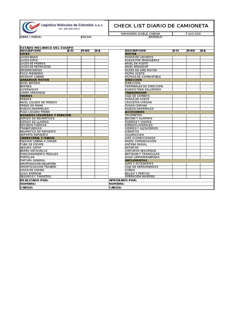 Check List Camioneta PDF | PDF