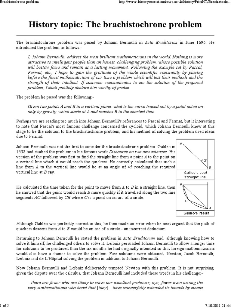 Brachistochrone Problem - History | PDF | Calculus Of Variations | Euler–Lagrange Equation