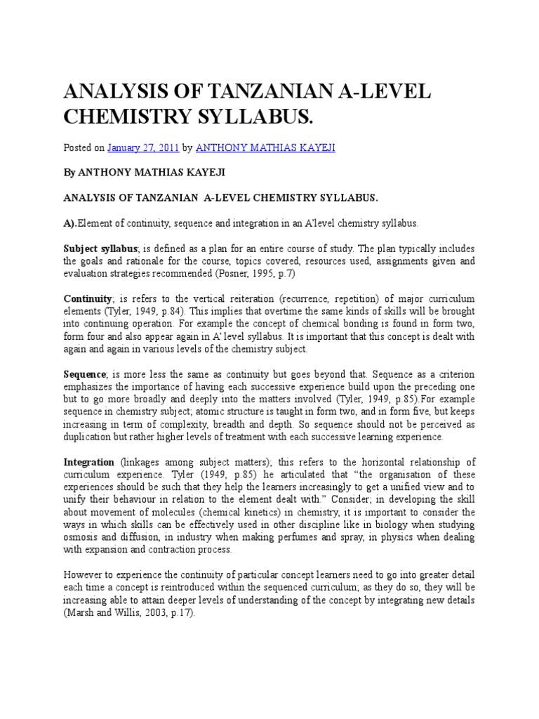 Tanzanian A Level Chemistry Syllabus | PDF | Inorganic Chemistry ...