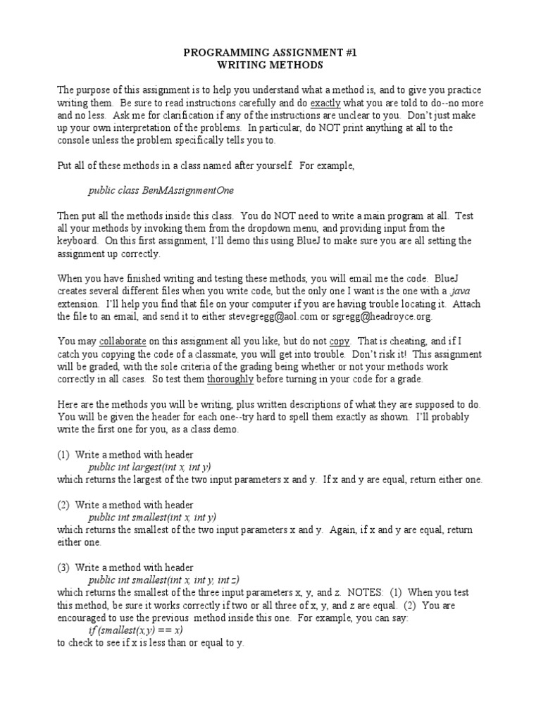 Public Class Benmassignmentone: Programming Assignment #1 Writing Methods | PDF | Integer ...