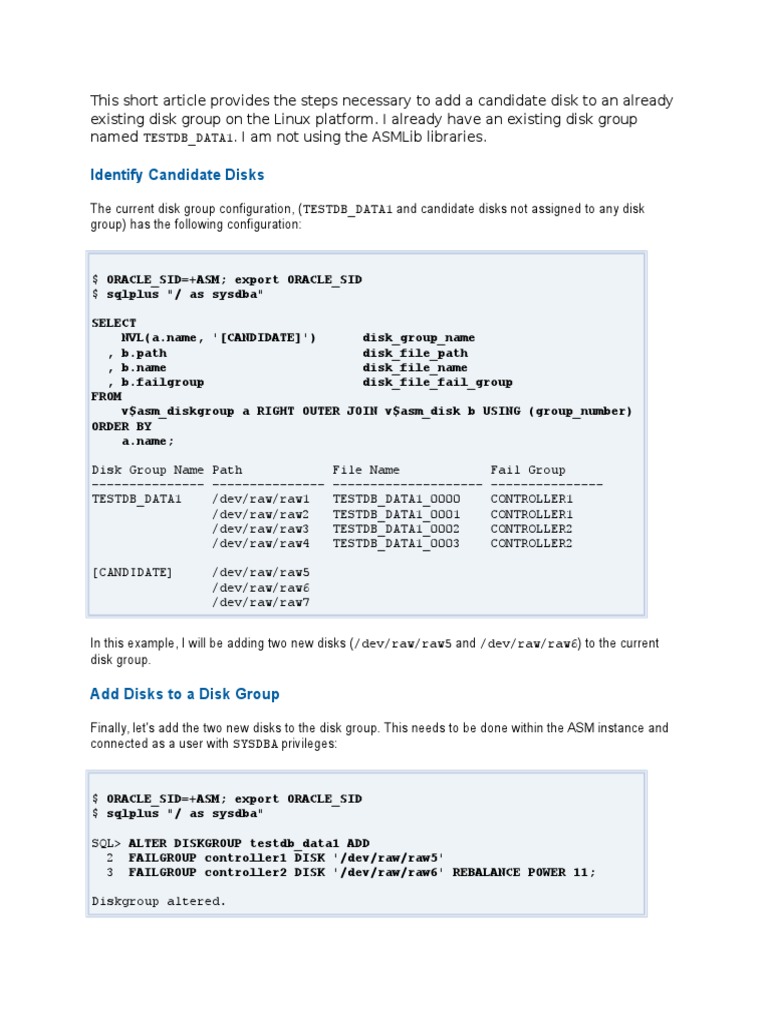 Adding Dropping Disks From A Asm Disk Group With Rebalance Power Pdf