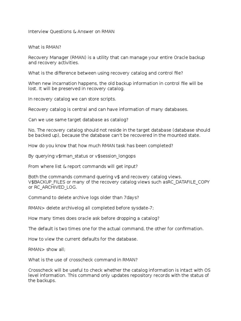 Interview RMAN | PDF | Backup | Databases