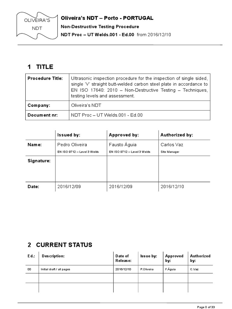 NDT Procedure - PCN_test1 | Nondestructive Testing | Welding
