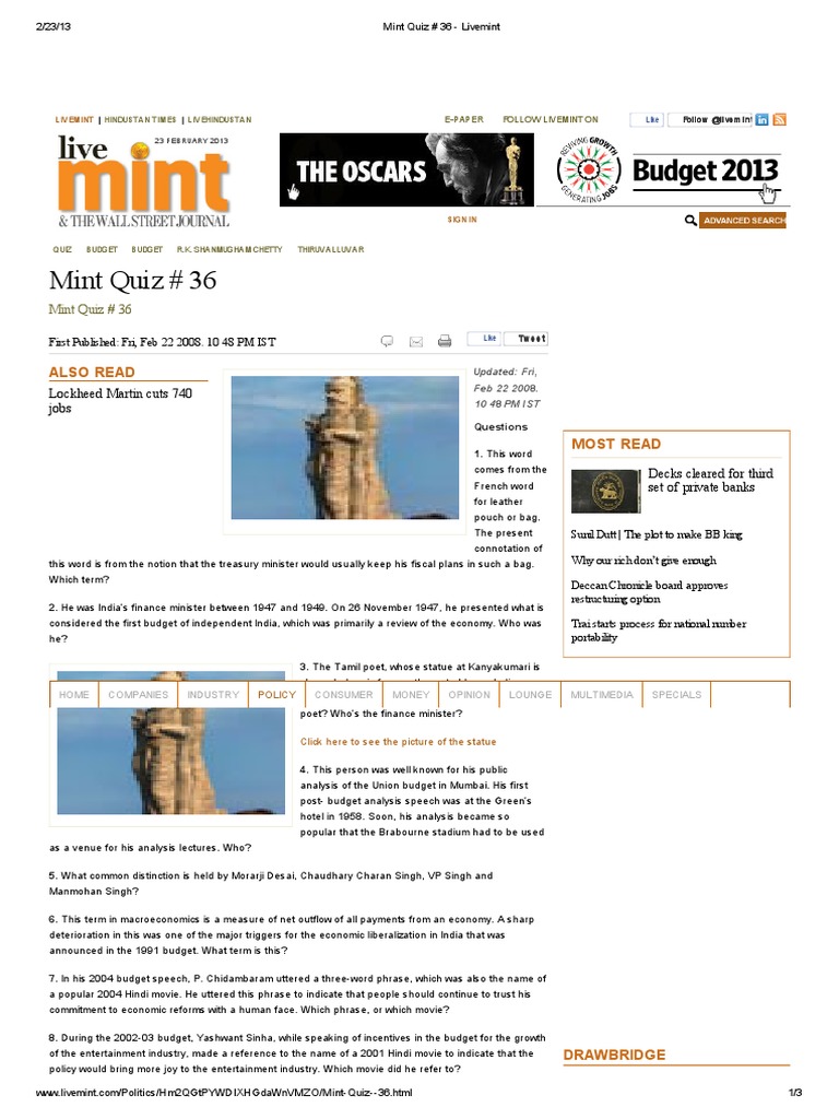 Mint Quiz # 36 - Livemint | PDF | Economies | Business