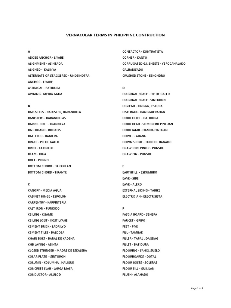 Vernacular Terms in Philippine Const | PDF | Truss | Door