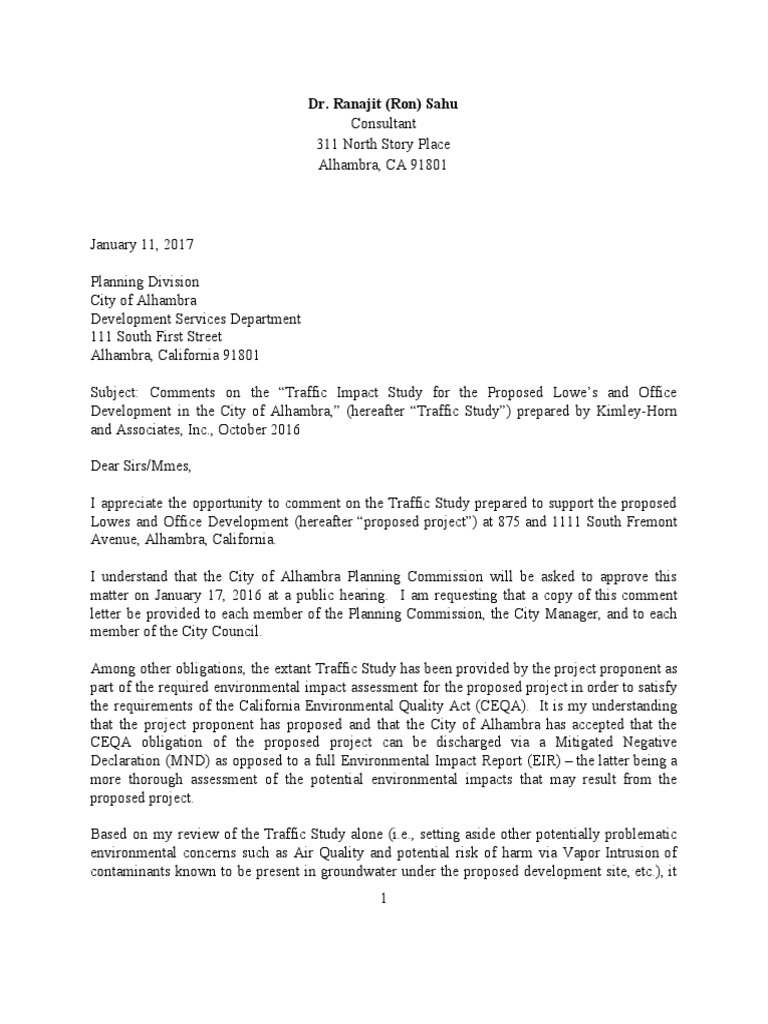 Ron Sahu's Letter On Lowe's Development Traffic Impact Study | PDF ...