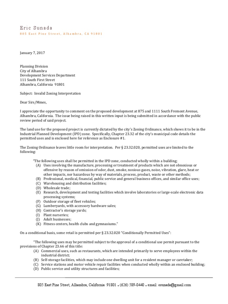Eric Sunada Letter To Planning Commission On Zoning of Lowe's Project ...