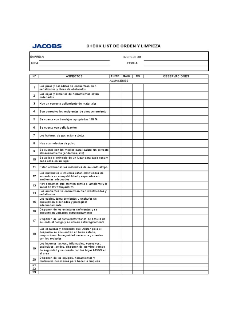 Check List Orden Y Limpieza Pdf