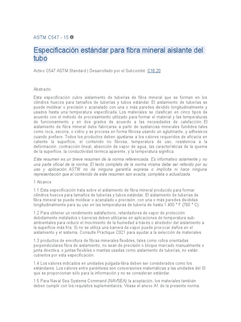 ASTM C547 Aislamiento Termico Agua | PDF | Aislamiento térmico | Tubería (transporte de fluidos)
