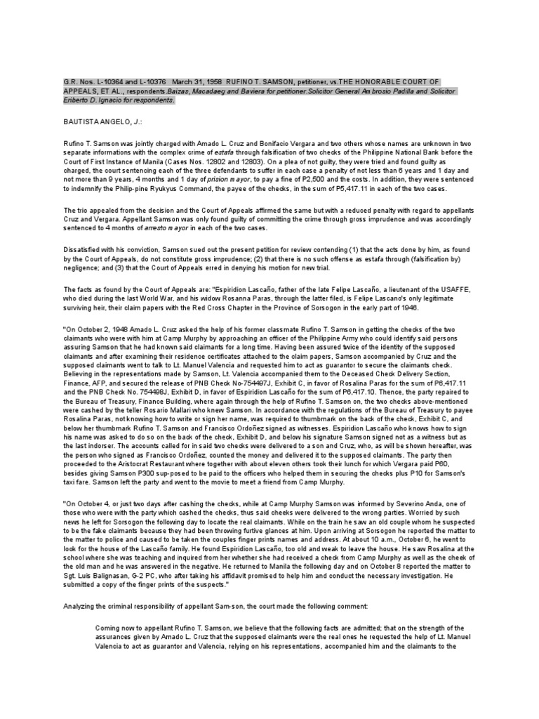 Samson Case Criminal Law | PDF | Intention (Criminal Law) | Crime ...