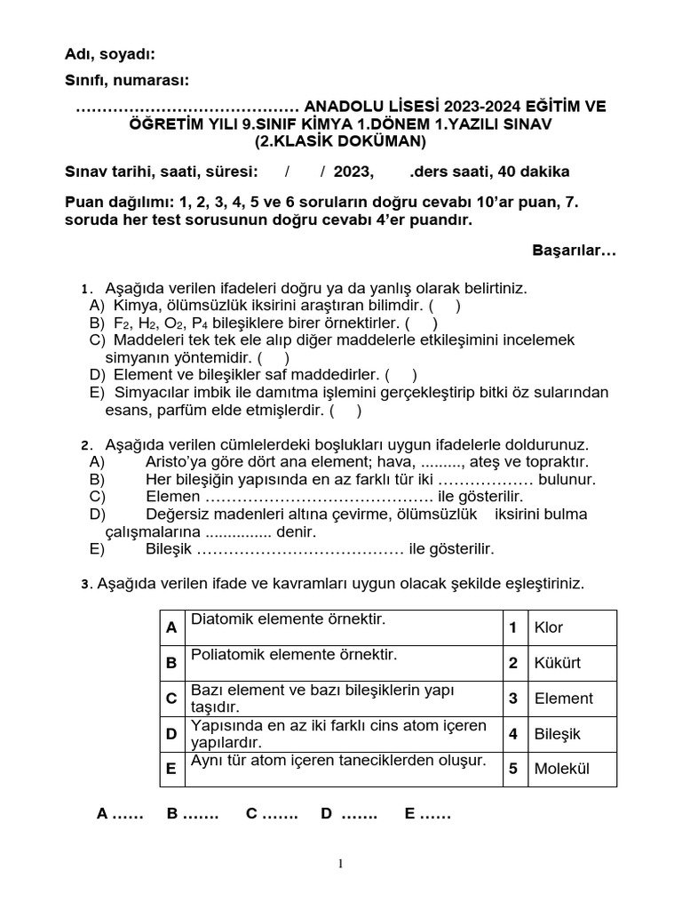 2023 2024 9.SINIF KİMYA 1.DÖNEM 2.YAZILI SINAV SORULAR VE CEVAP ANAHTARI (2.KLASİK DOKÜMAN) | PDF