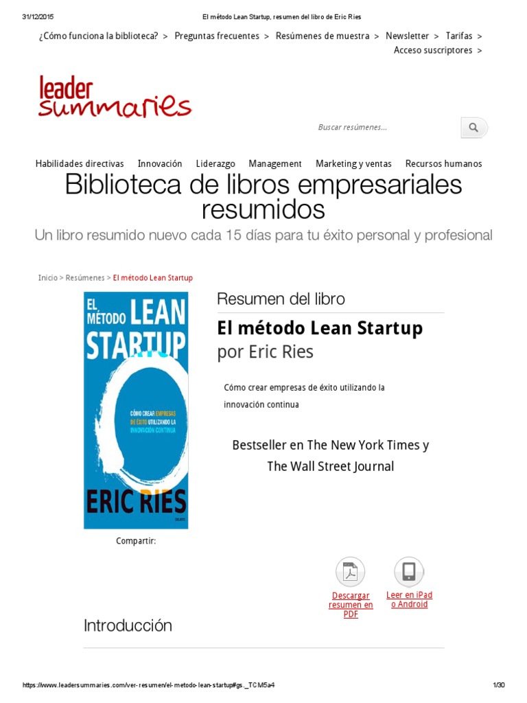 El método Lean Startup, resumen del libro de Eric Ries.pdf | PDF | Lean ...