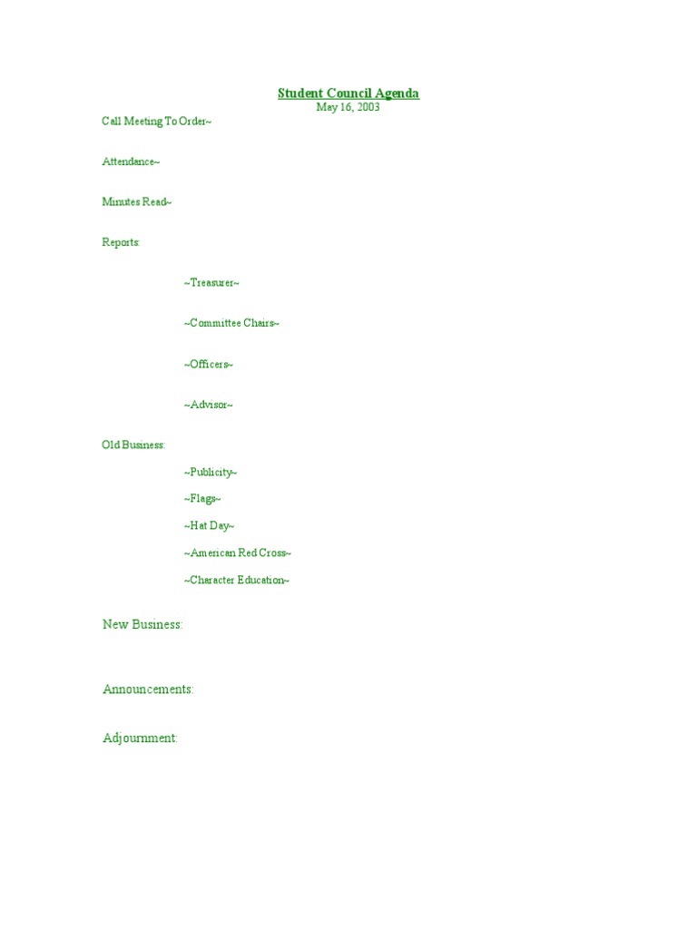 Student Council Agenda: May 16, 2003 Call Meeting To Order | PDF