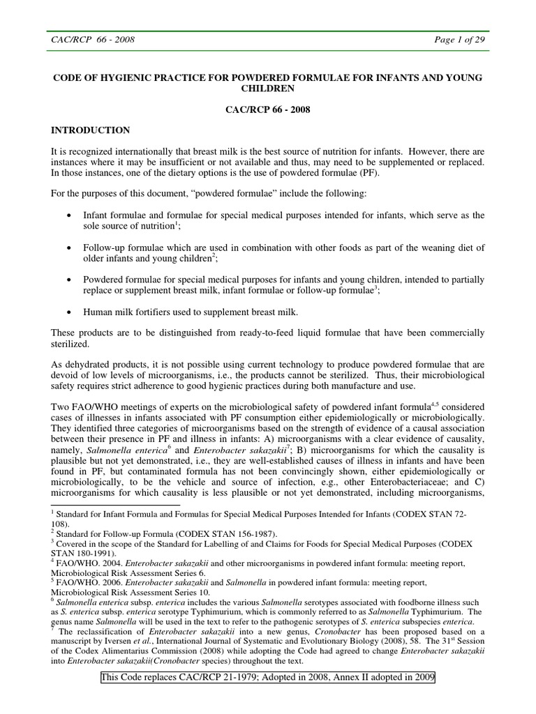 Code of Hygienic Practice For Powdered Formulae For Infants and Young ...