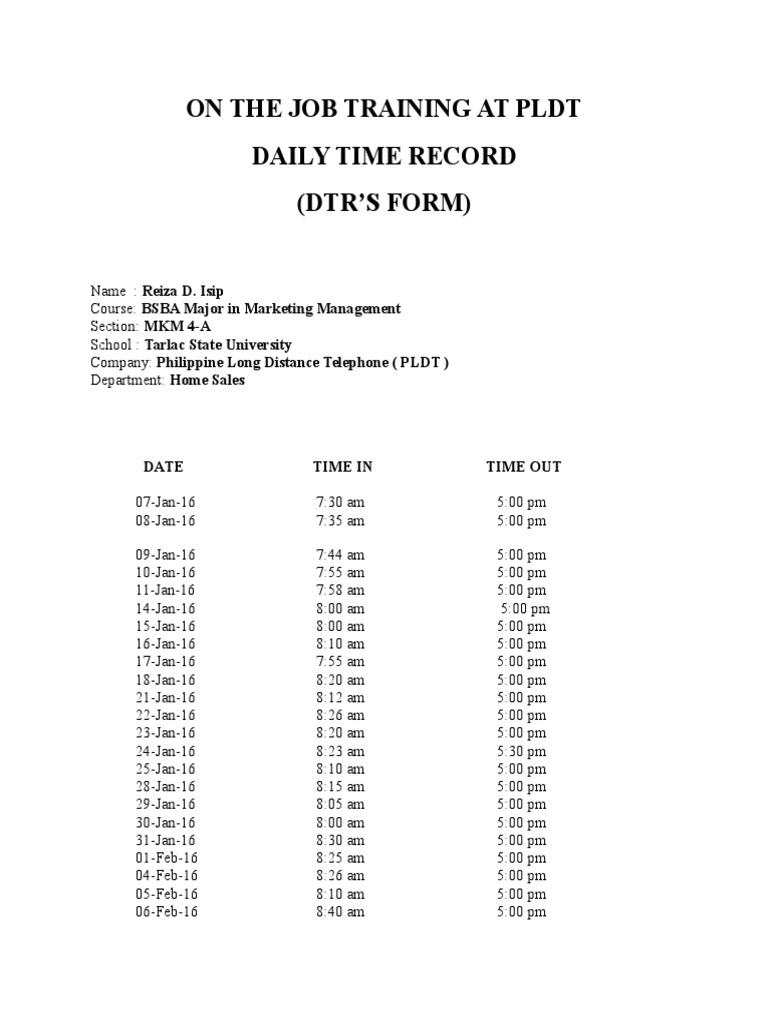 On The Job Training at PLDT Daily Time Record (DTR'S Form) : Date Time ...