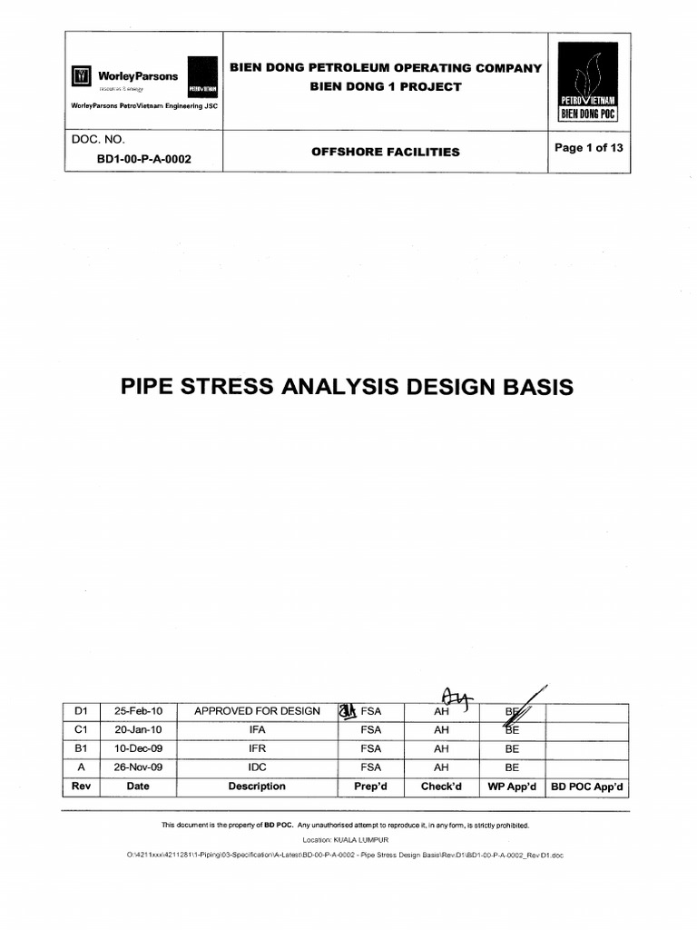 BD100PA0002 - D1 Pipe Stress Analysis Design Basis | PDF